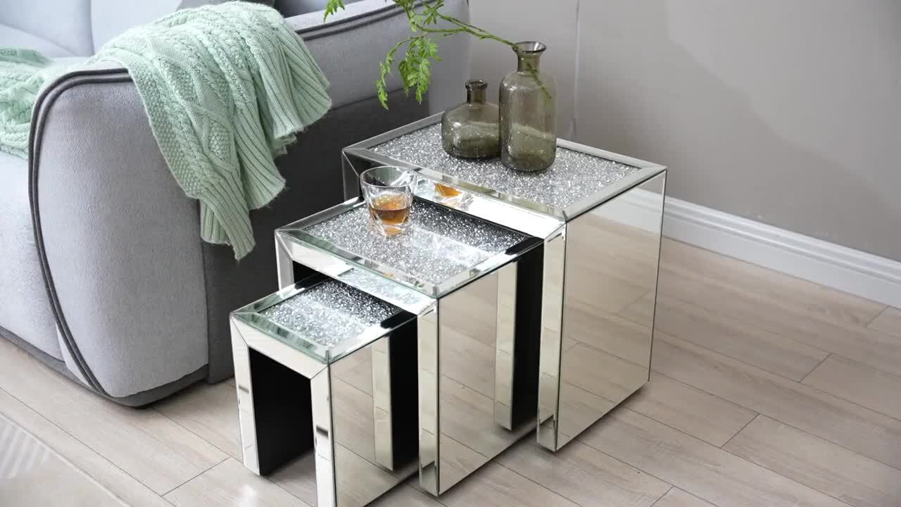 Decor 19.7 in. Silver Rectangle Glass Top Nesting End Table 3 Pieces