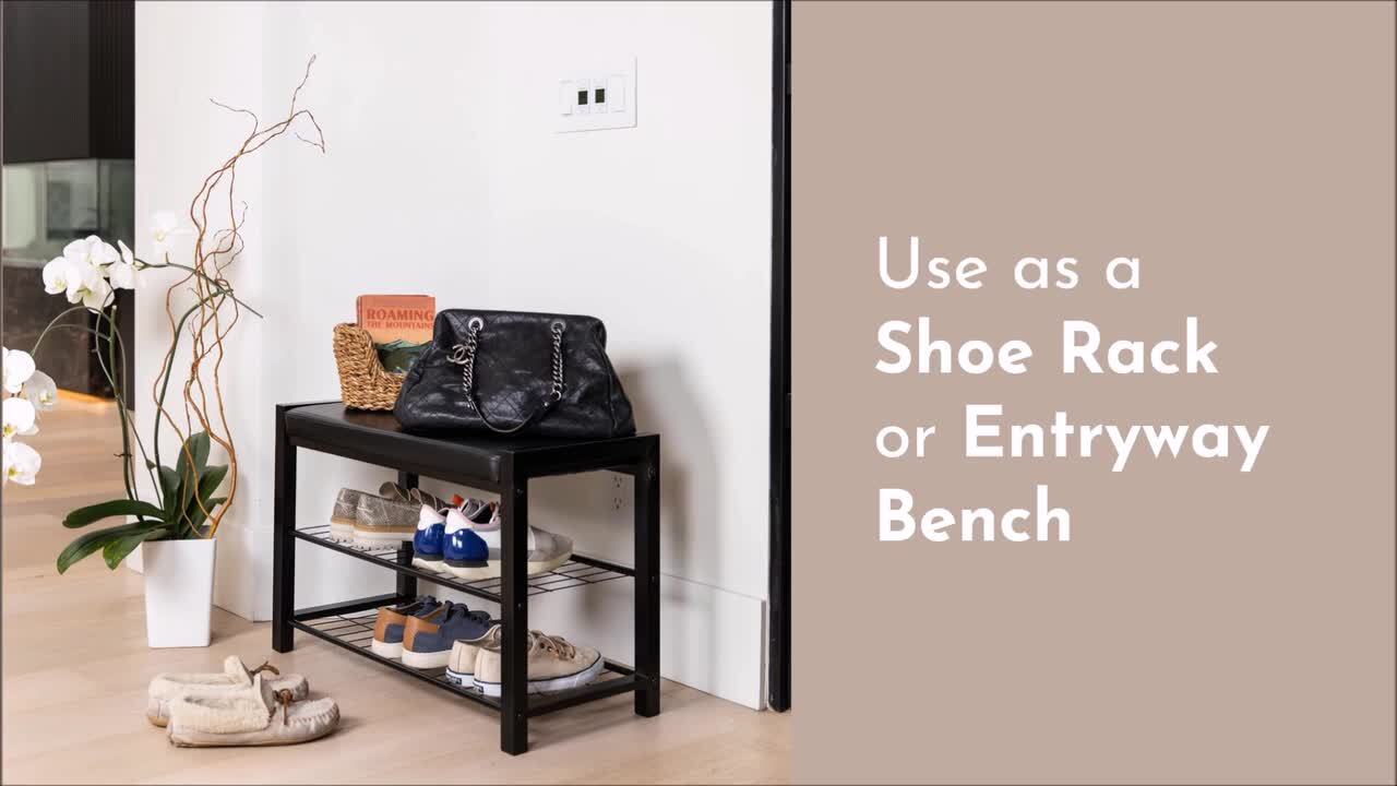 Danya B Black Leatherette Entryway Bench with Two Black Metal Shoe Racks