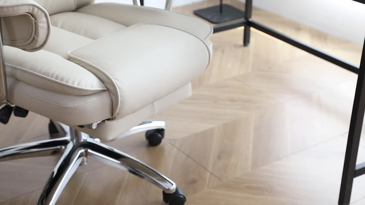 Leather Reclining Ergonomic Office Chair Computer Chair High Back Lumbar Support Executive Chair with Footrest in Beige