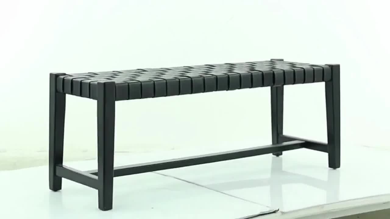 Litton Lane Black Handmade Woven Seat Bench 17 in. X 47 in. X 18 in. 042029
