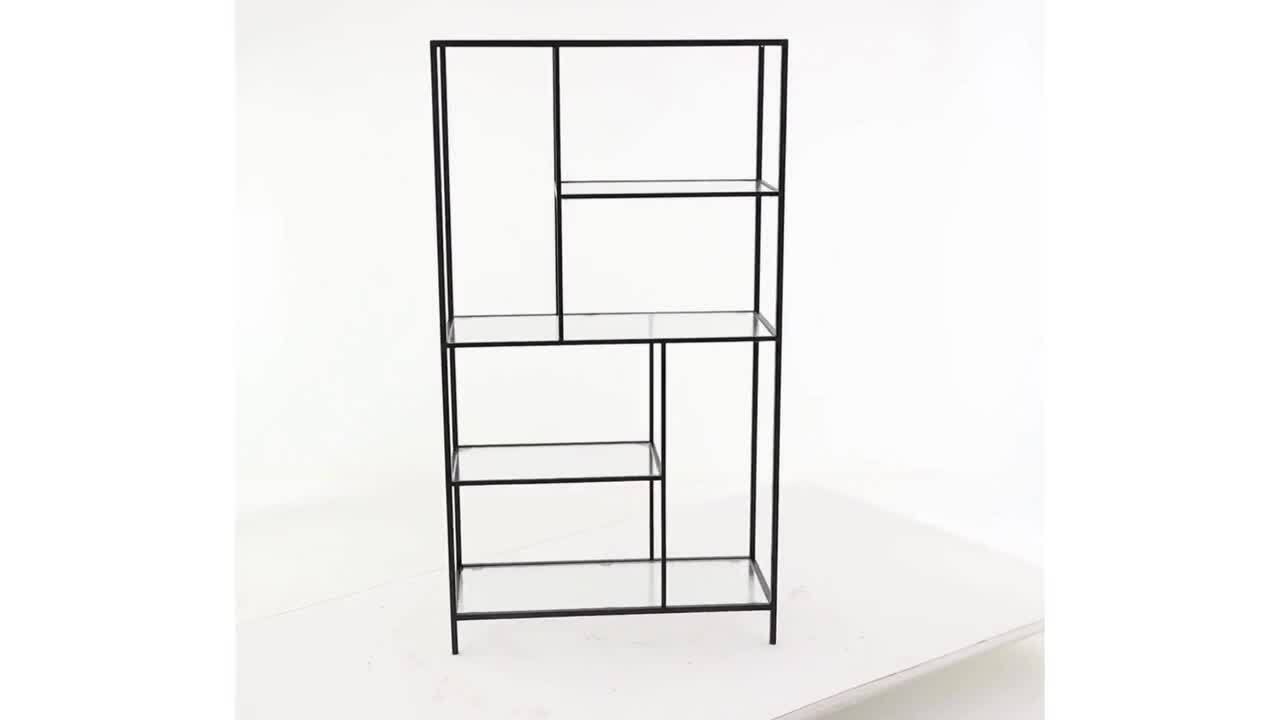 Black metal and glass shelving unit store