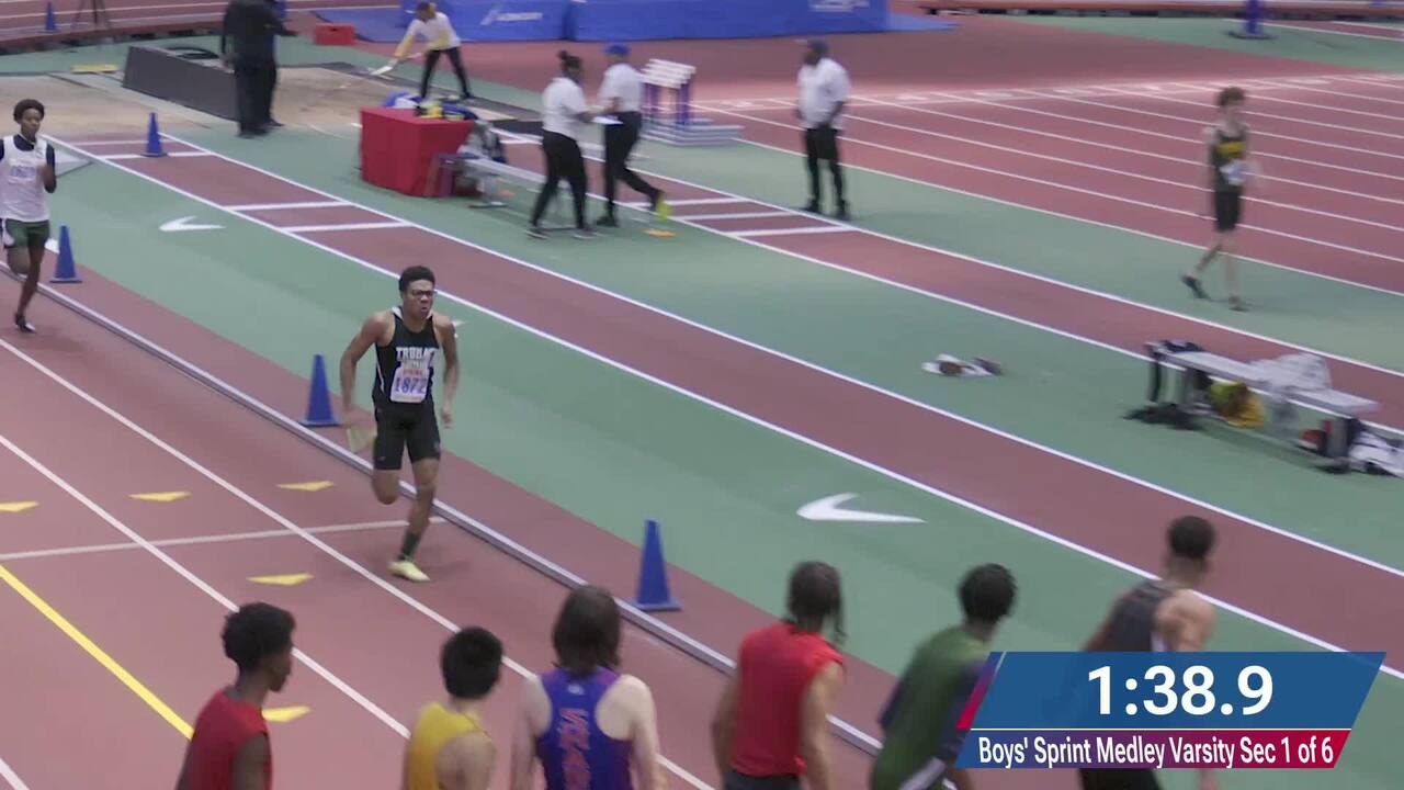 ArmoryTrack.org - Videos - Boys Sprint Medley Relay Varsity Section 1 - PSAL Day of Relays 2023