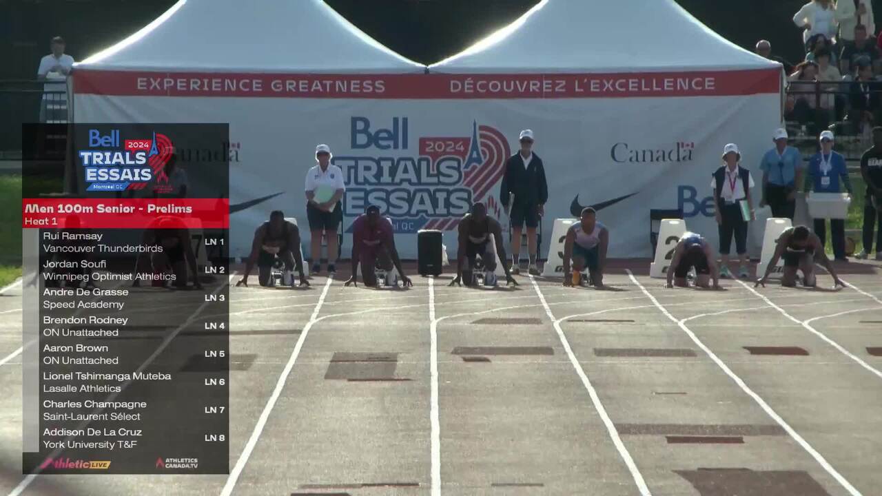 AthleticsCanada.TV - Videos - Men's Senior 100m Prelim Heat 1 - Bell Track & Field Trials 2024