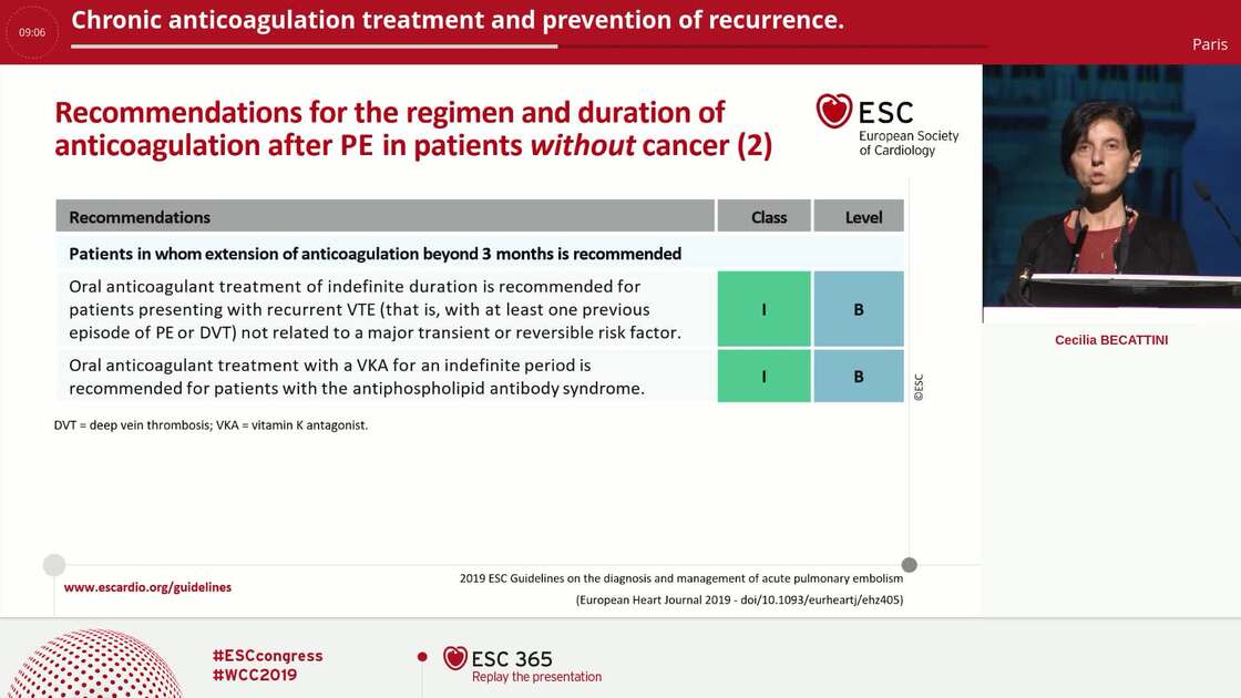 ESC 365 - Chronic anticoagulation treatment and prevention of recurrence.