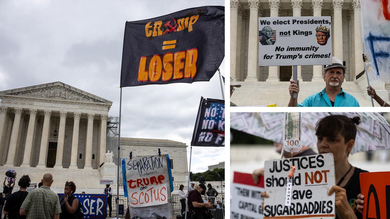 Protesters gather outside Supreme Court after Trump immunity ruling ...