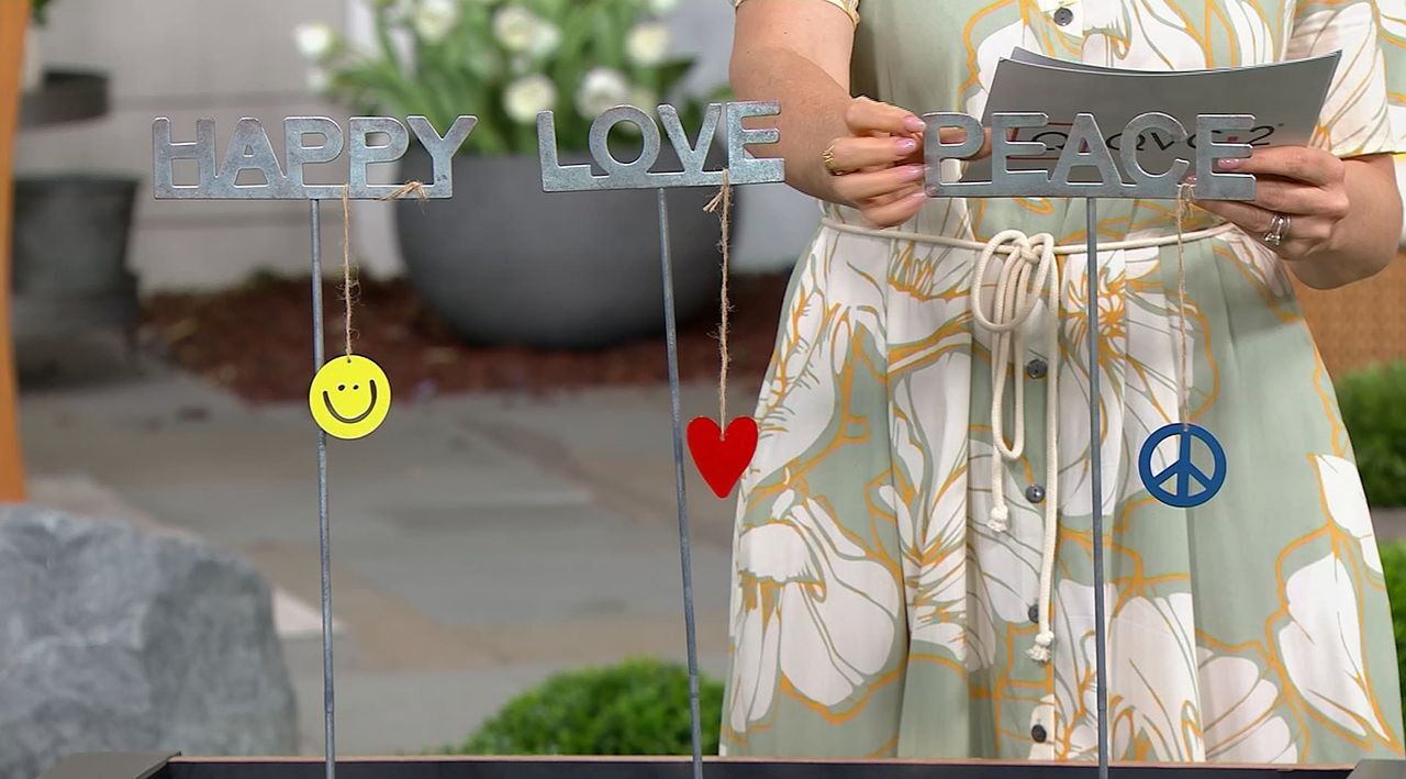 Peace Love World S/3 Iron Garden Stakes w/ Icons & Affirmations - QVC.com