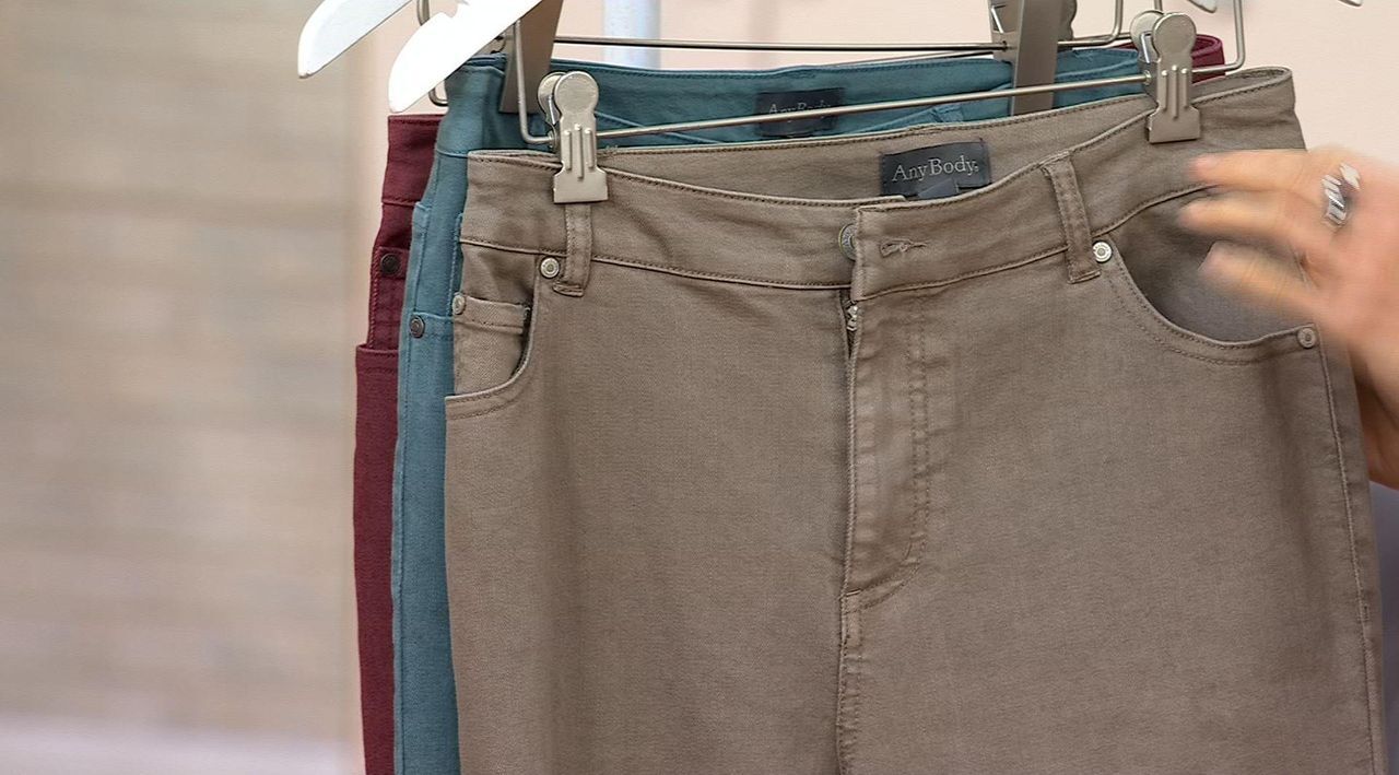 AnyBody Petite Washed Colored Denim Baby Flare Pants - QVC.com